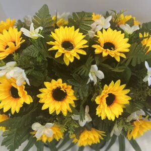 Cemetery Headstone Saddle Arrangement with Yellow Sunflowers and White Daisies-Grave Decoration