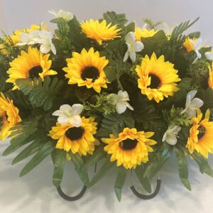 Cemetery Headstone Saddle Arrangement with Yellow Sunflowers and White Daisies-Grave Decoration