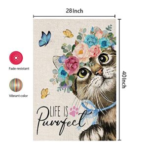 CROWNED BEAUTY Spring Floral Cat Garden Flag Life Is Perfect 12×18 Inch Double Sided for Outside Small Burlap Seasonal Yard Flag