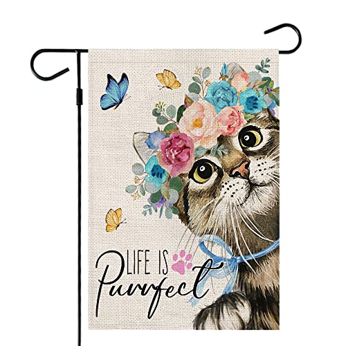 CROWNED BEAUTY Spring Floral Cat Garden Flag Life Is Perfect 12×18 Inch Double Sided for Outside Small Burlap Seasonal Yard Flag