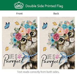 CROWNED BEAUTY Spring Floral Cat Garden Flag Life Is Perfect 12×18 Inch Double Sided for Outside Small Burlap Seasonal Yard Flag