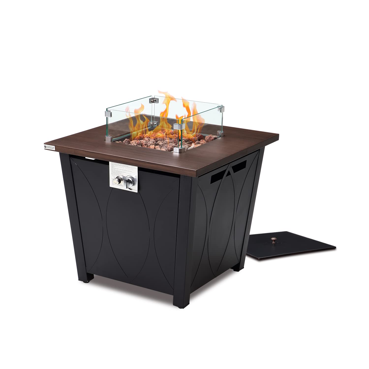 Essential Lounger 28 Inch Fire Table, 50,000 BTU Square Outdoor Fire Pit Tables Gas Fire Pit with Lid, Glass Wind Guard,Waterproof Storage Cover,Lava Rocks, Outdoor Fireplace Propane Fire Pit Table