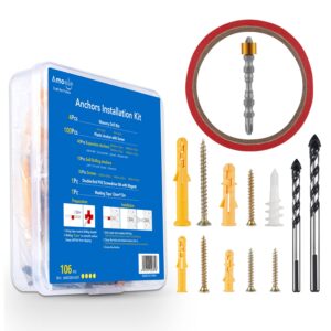 amoolo 106pcs concrete anchors and screws assortment kit, for drywall, concrete wall, tile, ceramic, brick, cinder block, etc. with a magnetic screwdriver bit and masking tape.