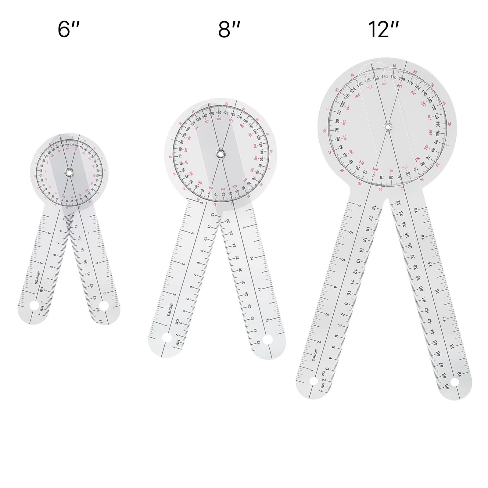 Goniometer Set 3 Pieces of 6/8/12 Inch Occupational Physical Therapy Protractor Tool Measurement Angle Ruler Kit Plastic 360 Degree Universal