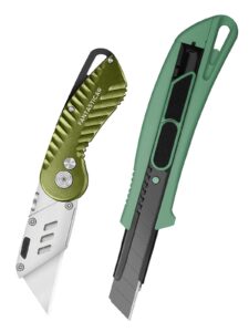 fantasticar folding utility knife and heavy duty retractable cutter set with extra blades (dark green)