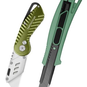 FantastiCAR Folding Utility Knife and Heavy Duty Retractable Cutter Set with Extra Blades (Dark Green)