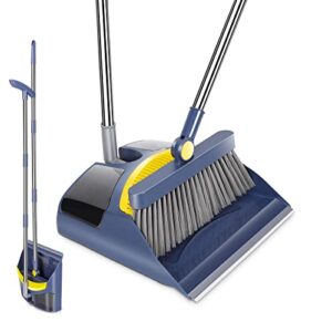 broom and dustpan set for home, long handle broom with 180°rotating head upright large dustpan with comb teeth, easy storage floor broom and dustpan combo for home kitchen office lobby