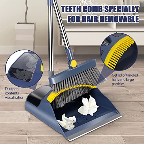 Broom and Dustpan Set for Home, Long Handle Broom with 180°Rotating Head Upright Large Dustpan with Comb Teeth, Easy Storage Floor Broom and Dustpan Combo for Home Kitchen Office Lobby