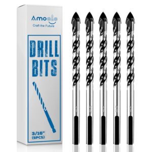 amoolo 3/16" concrete drill bit & masonry drill bit set(5pcs), carbide tip drill bit set for tile, brick, cement, concrete, glass, plastic, cinder block, wood etc