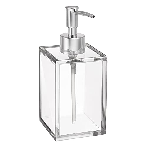 Clear Acrylic Refillable Soap Dispenser with Rust Proof Stainless Steel Pump, Modern Square Liquid Hand Soap Dispenser for Bathroom Vanity, Sturdy Dish Soap Dispenser for Kitchen Sink | 12 oz, 1 Pack