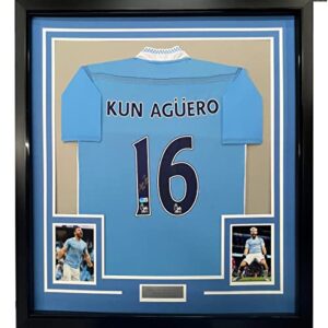 framed autographed/signed sergio kun aguero 33x42 manchester city blue soccer futbol jersey beckett bas coa