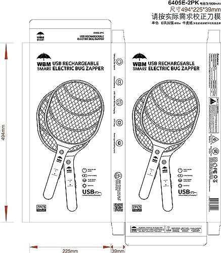 WBM Smart Bug Zapper with LED Night Light, 3,000 Volt Mosquito Electric Fly Swatter | USB Rechargeable |Fly Trap Racket Use for Indoor & Outdoor – 2 Pcs