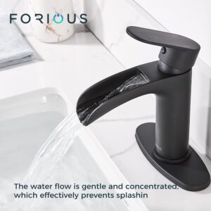 FORIOUS Black Waterfall Bathroom Faucet Single Handle, Single Hole Bathroom faucets with Metal Pop up Drain, 6 inch Matte Black Bathroom Sink Faucet 1 Hole Waterfall Faucet, Brass Vanity Faucet Black