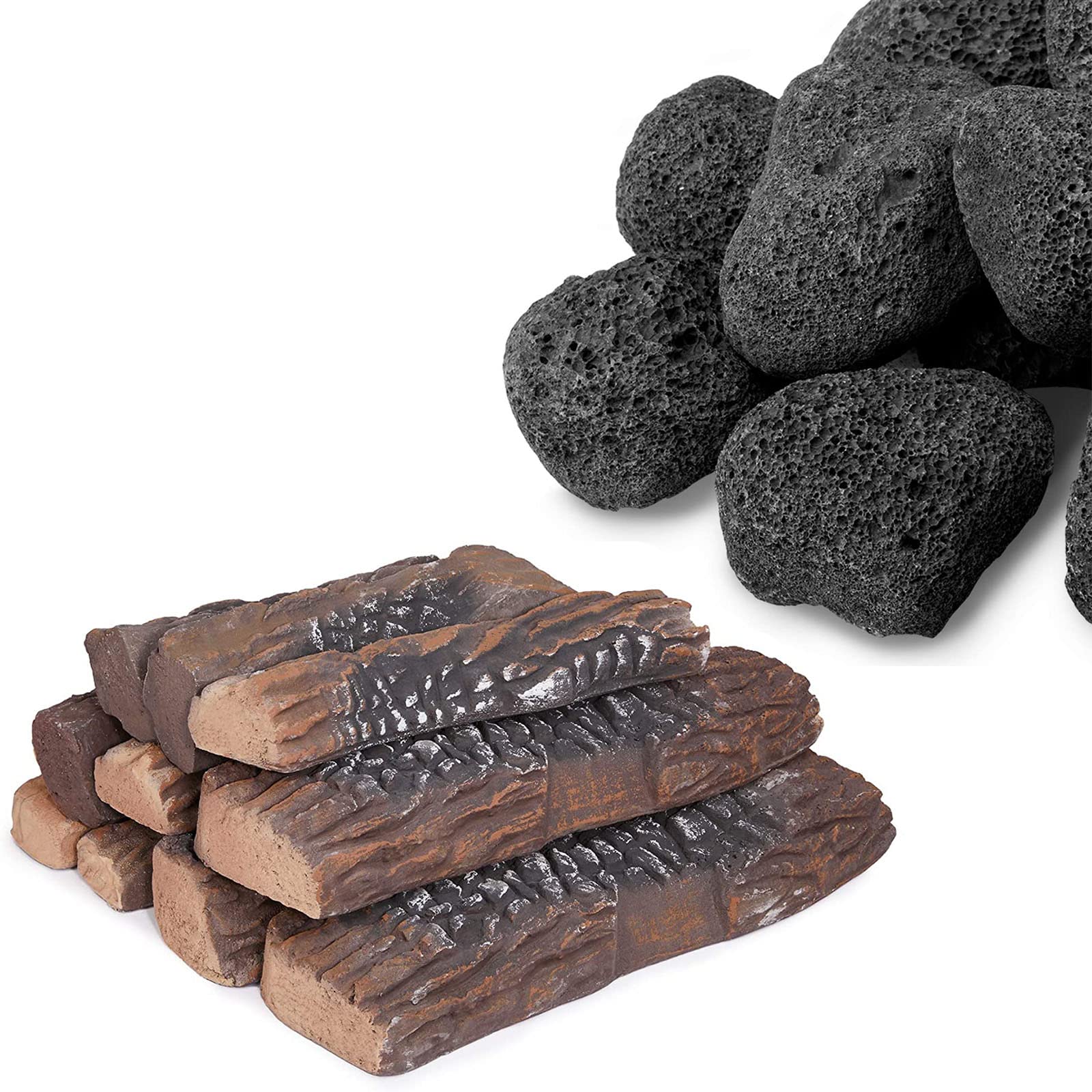 GASPRO 10 Pound Lava Rocks and 10-Piece Ceramic Logs for Gas Fireplace, Fire Pit