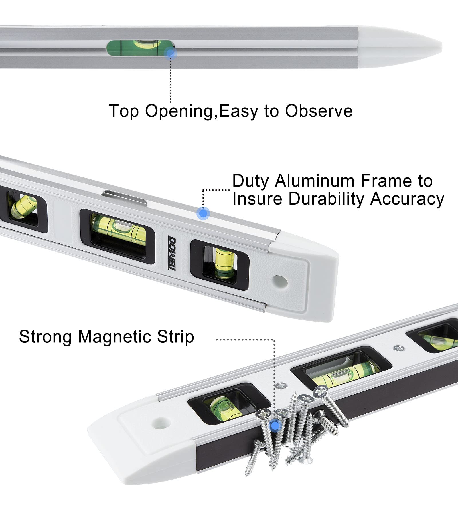 DOWELL Magnetic Torpedo Level Mini Bubble Level Box Spirit Level Alloy Frame 180/90/45 Degree 9-Inch (1, White)