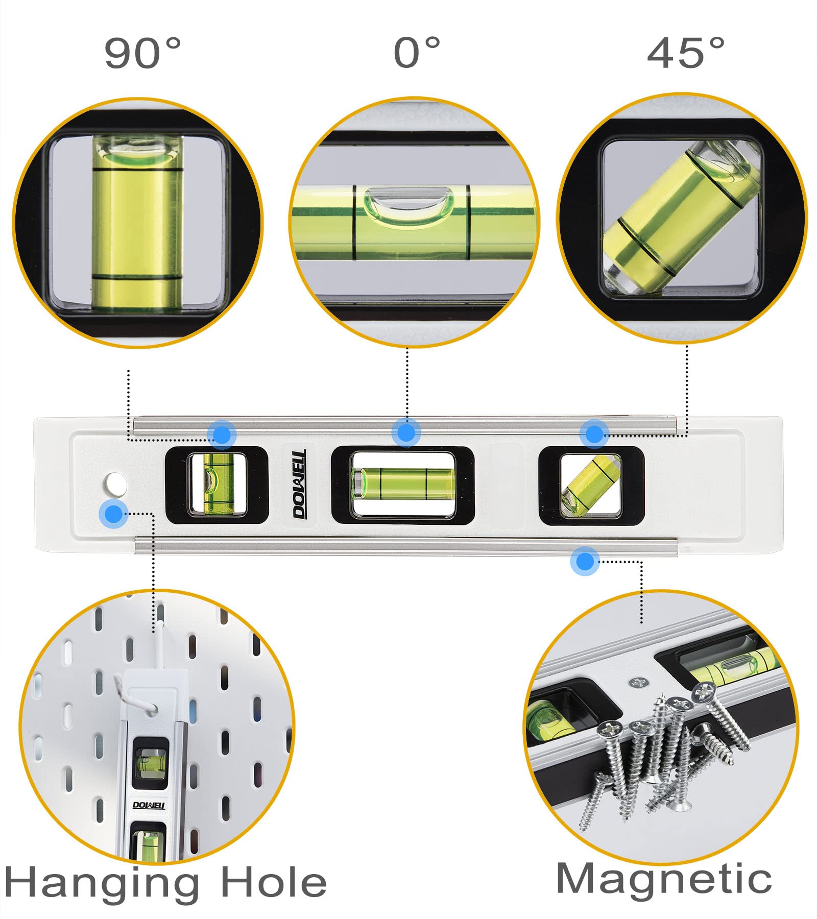 DOWELL Magnetic Torpedo Level Mini Bubble Level Box Spirit Level Alloy Frame 180/90/45 Degree 9-Inch (1, White)