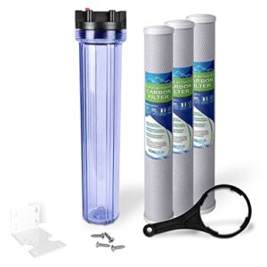 20 x 2.5-inches transparent slim whole house water filter purifier system with presser relief button, 1” inlet/outlet port & yearly supply (3) coconut shell activated block carbon cartridges 5 micron