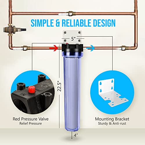 20 x 2.5-Inches Transparent Slim Whole House Water Filter Purifier System with Presser Relief Button, 1” Inlet/Outlet Port & Yearly Supply (3) Coconut Shell Activated Block Carbon Cartridges 5 Micron