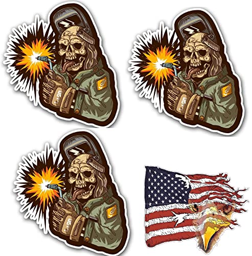 3 pcs Zombie + USA Welder Sticker Welding Decals for Hard Hat, Window, Car, USA Patriotic. Made of Vinyl, Waterproof, UV Resistant