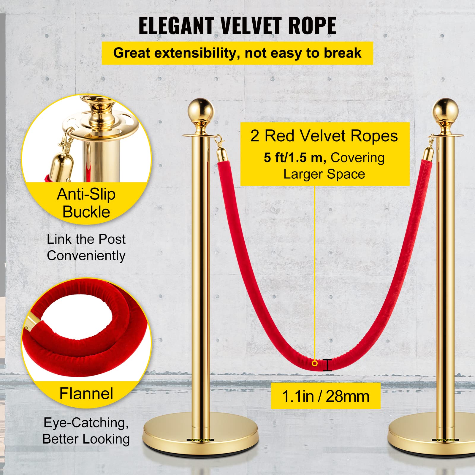 VEVOR Velvet Ropes and Posts 4 Pcs, 5 ft Red Velvet Rope, Stanchion Post with Ball Top, Crowd Control Barriers Gold Stanchions, Red Carpet Poles, Crowd Control Ropes and Poles for Party Supplies