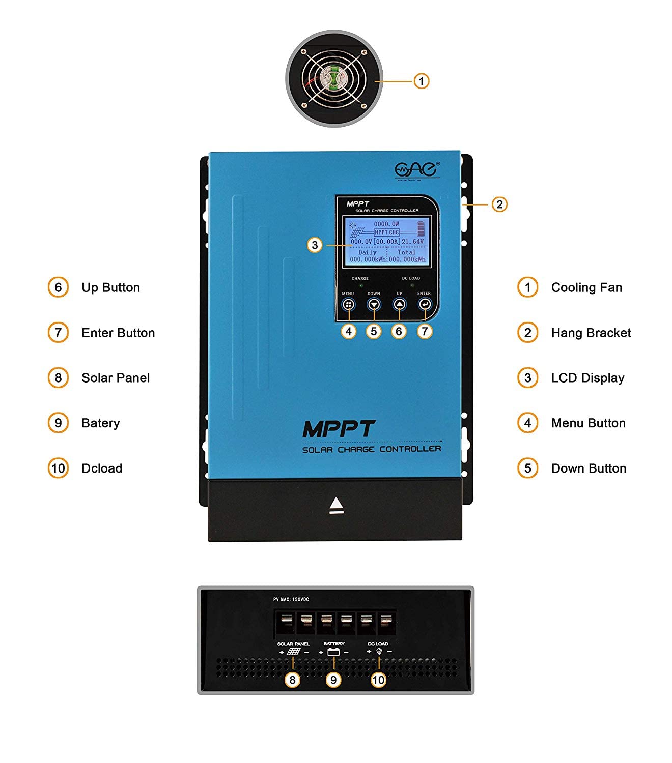 60A MPPT Solar Charge Controller 12V24V48V Auto Battery Regulator Solar Panel Max 150V Input for Lithium, Sealed, Gel, and Flooded Batteries (Blue)