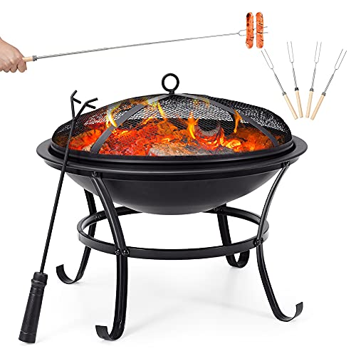 Fire Pit w/BBQ Sticks Skewers, 22in Fire Pit Outdoor Patio Steel Fire Pit Bowl Wood Burning Firepit BBQ Grill for Camping Beach Bonfire Picnic Backyard Garden