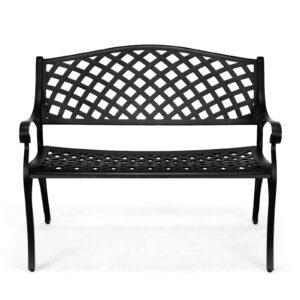 vingli 40.5" outdoor bench patio garden bench, anti- rust cast aluminum patio bench front porch bench for yard lawn entryway deck, black