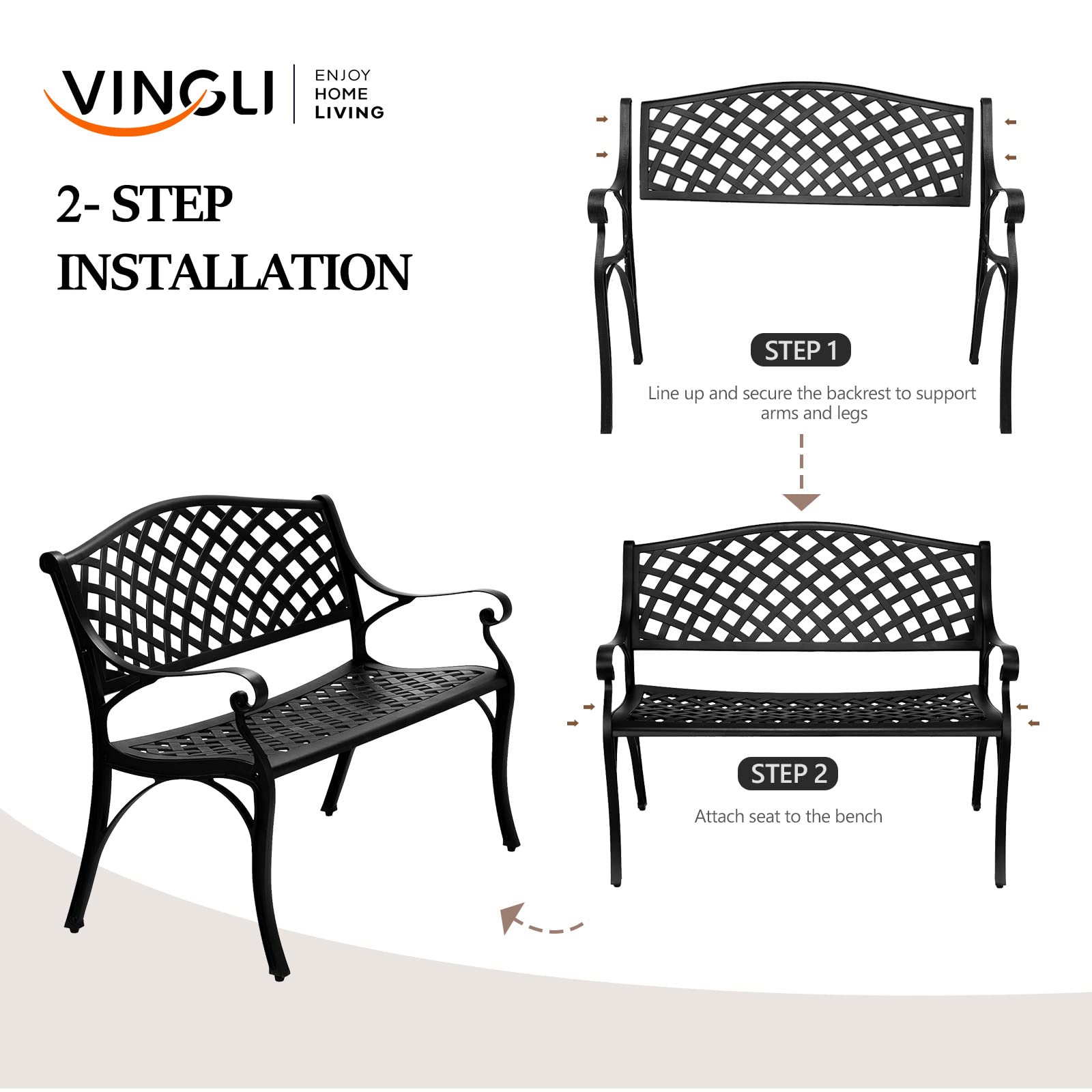 VINGLI 40.5" Outdoor Bench Patio Garden Bench, Anti- Rust Cast Aluminum Patio Bench Front Porch Bench for Yard Lawn Entryway Deck, Black