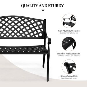 VINGLI 40.5" Outdoor Bench Patio Garden Bench, Anti- Rust Cast Aluminum Patio Bench Front Porch Bench for Yard Lawn Entryway Deck, Black