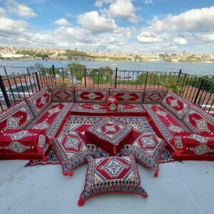 Traditional Floor Cushions, U Shaped Maroon Sectional Sofas, Arabic Floor Sofa Set, Pallet Sofa, Arabic Majlis, Yoga Meditation Sofas (U Sofa Full Set)