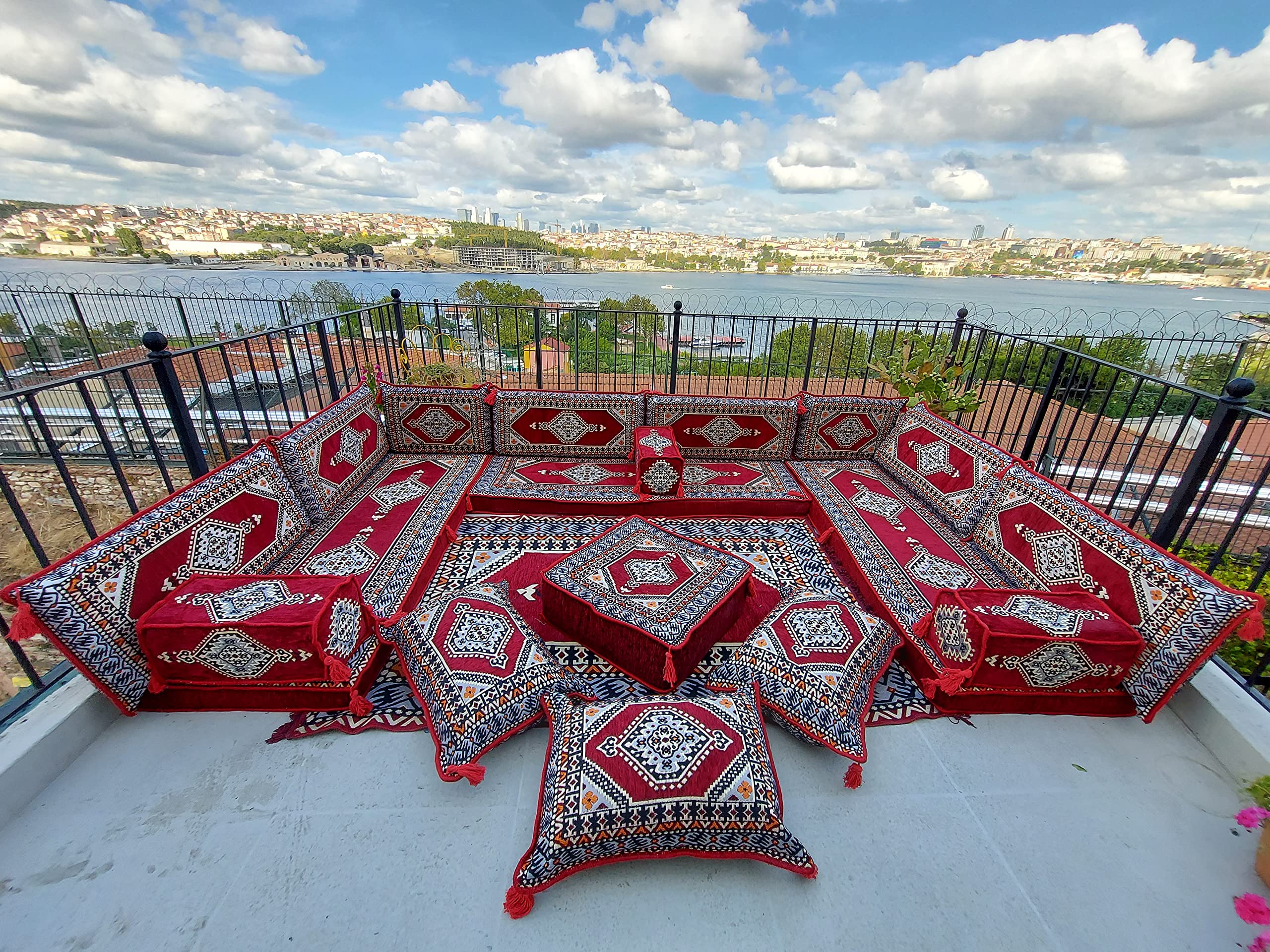 Traditional Floor Cushions, U Shaped Maroon Sectional Sofas, Arabic Floor Sofa Set, Pallet Sofa, Arabic Majlis, Yoga Meditation Sofas (U Sofa Full Set)