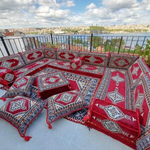 Traditional Floor Cushions, U Shaped Maroon Sectional Sofas, Arabic Floor Sofa Set, Pallet Sofa, Arabic Majlis, Yoga Meditation Sofas (U Sofa Full Set)