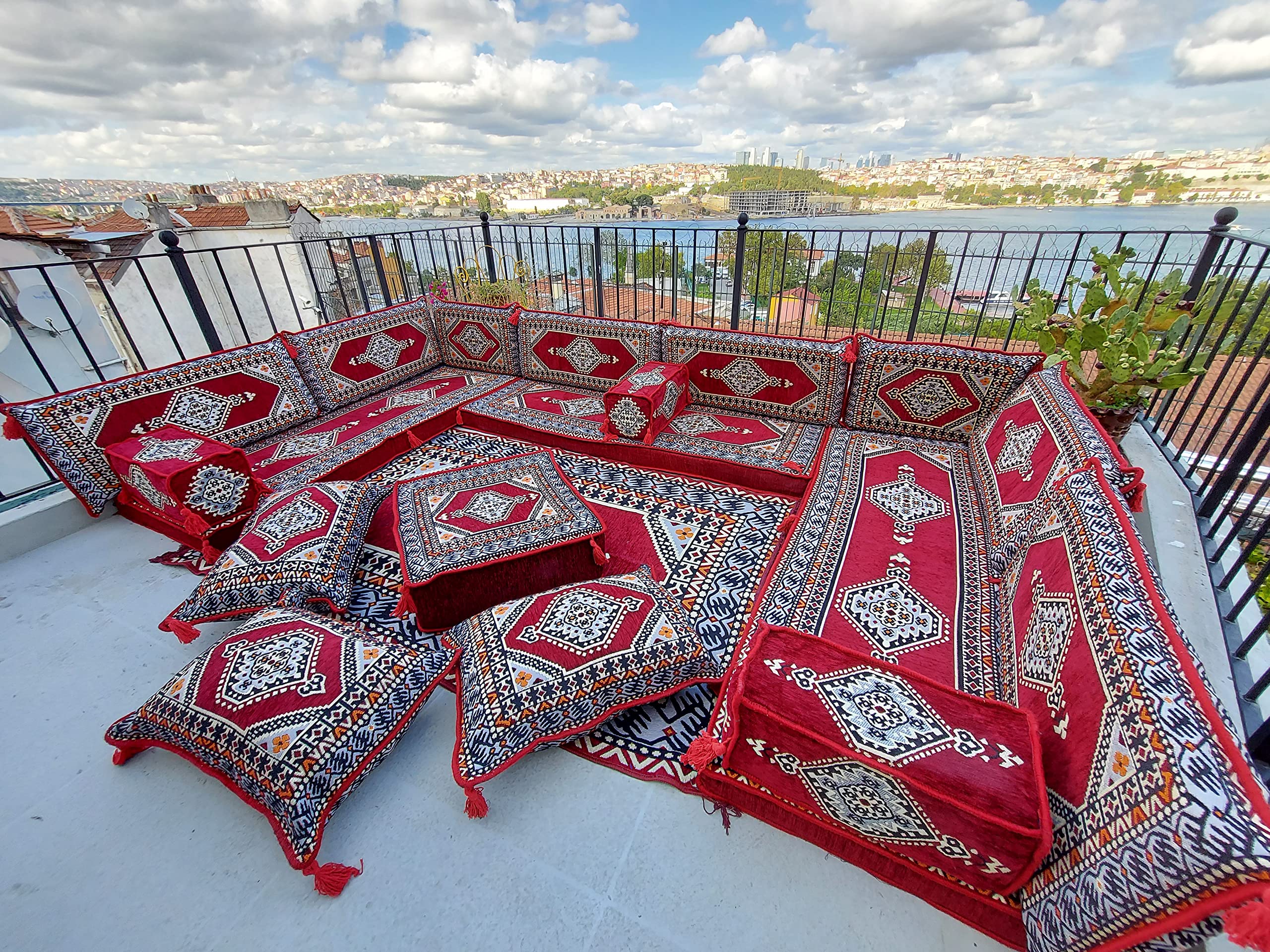 Traditional Floor Cushions, U Shaped Maroon Sectional Sofas, Arabic Floor Sofa Set, Pallet Sofa, Arabic Majlis, Yoga Meditation Sofas (U Sofa Full Set)