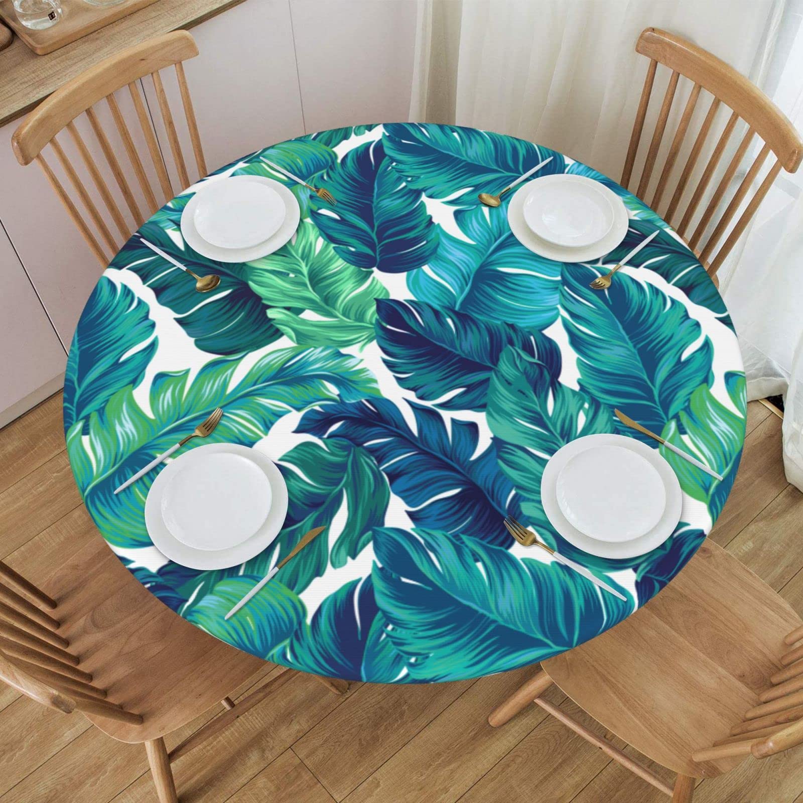 KUOAICY Tropical Palm Leaves Round Tablecloth Elastic Fitted Table Cover Washable Reusable Elastic Edge Tablecloths for Kitchen Dining Party Fitted Table 45-50 inch