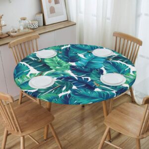 KUOAICY Tropical Palm Leaves Round Tablecloth Elastic Fitted Table Cover Washable Reusable Elastic Edge Tablecloths for Kitchen Dining Party Fitted Table 45-50 inch