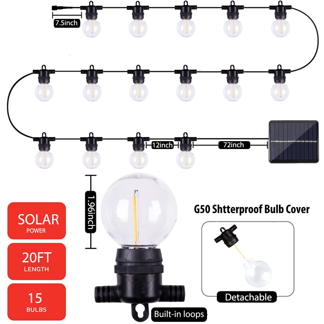 Solar String Lights Outdoor, 20ft Patio Solar Outdoor Lights with 15 Waterproof & Shatterproof Solar Powered G50 Globe LED Lights Bulbs for Backyard, Porch, Garden, Pool, Party, Camping (G50 Bulb)