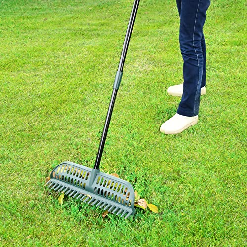 Evcitn Artificial Turf Rake, 43 to 63" Long Pole Turf rake - 18" Wide Garden Hand Broom Rake for Lawn, Synthetic Grass, Carpet, Shrub, Remove Leaves, Debris, Pet Hairs (Dark Light)