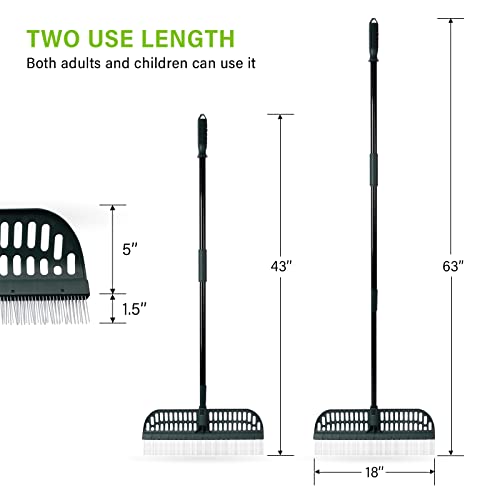 Evcitn Artificial Turf Rake, 43 to 63" Long Pole Turf rake - 18" Wide Garden Hand Broom Rake for Lawn, Synthetic Grass, Carpet, Shrub, Remove Leaves, Debris, Pet Hairs (Dark Light)