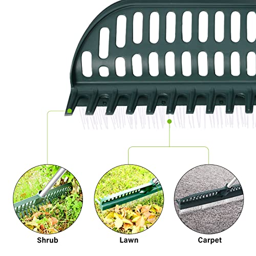 Evcitn Artificial Turf Rake, 43 to 63" Long Pole Turf rake - 18" Wide Garden Hand Broom Rake for Lawn, Synthetic Grass, Carpet, Shrub, Remove Leaves, Debris, Pet Hairs (Dark Light)