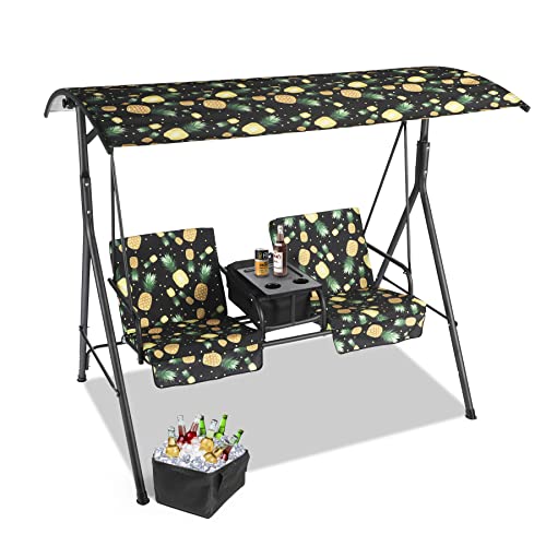 OKL 2-Seat Outdoor Patio Swing Chair, Canopy with Cooler Removable Cushion and Weather Resistant Steel Frame, Hanging Porch for Patio, Garden, Poolside, Balcony, Backyard, Bench, Pineapple