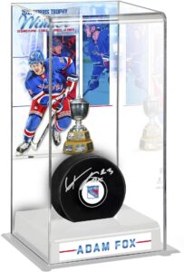 adam fox new york rangers 2021 norris trophy winner autographed puck with deluxe tall hockey puck case - autographed nhl pucks