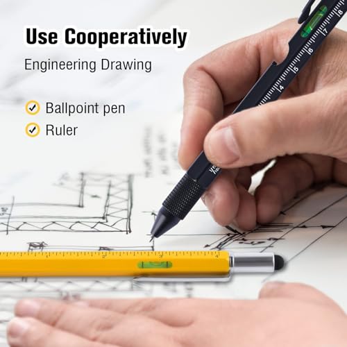 SIMGOAL 2 Piece Multi-tool Pen set,Unique Gifts for Dad-4"Ruler, Level, LED Light, Ballpoint pen, Flat/Phillips Screwdriver, Bottle Opener and Touchscreen Stylus.