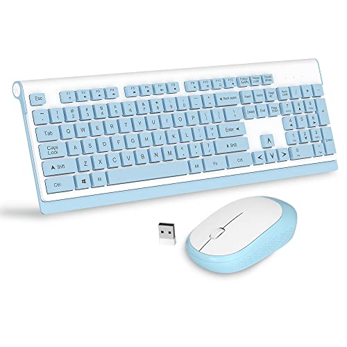 Wireless Keyboard Mouse Combo, MageGee V650 Quiet Full Size 2.4G Ultra-Thin Wireless Keyboard and Mouse Set with Number Pad for Windows, Desktop, Laptop, PC, White Blue