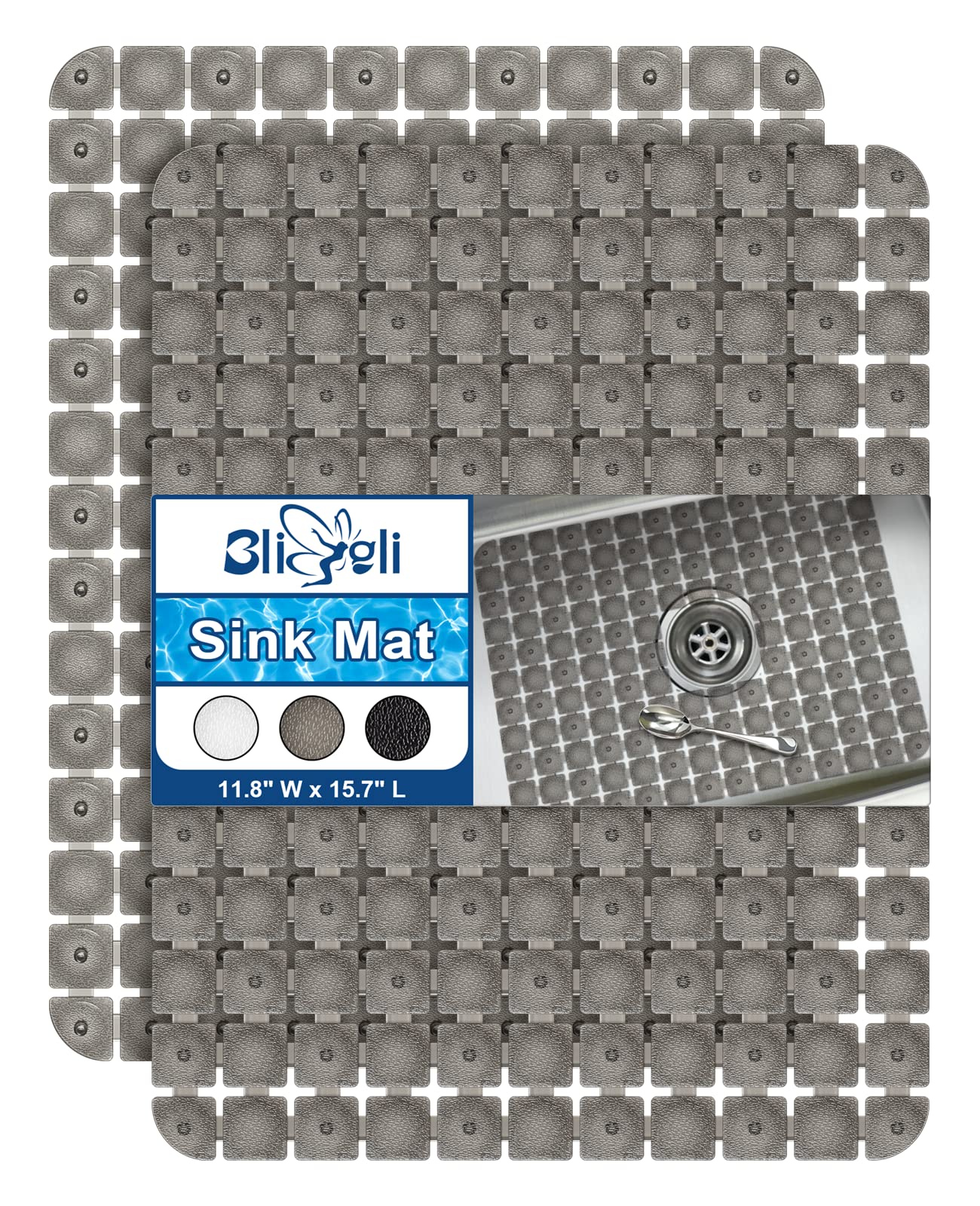 Bligli Sink Mat for Stainless Steel/Ceramic Sinks, 2 Pack 15.7x11.8 inches PVC Sink Protectors for Bottom of Kitchen Sink, Dishes and Glassware drain Mats, Durable and Fast Draining (Clear Grey)