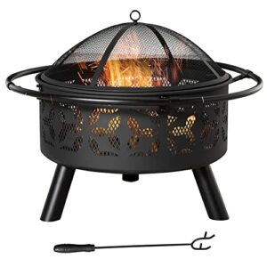 outsunny 31" outdoor fire pit, portable steel wood burning bowl, handle ring, poker, spark screen lid for patio, backyard, bonfire, campfire, black