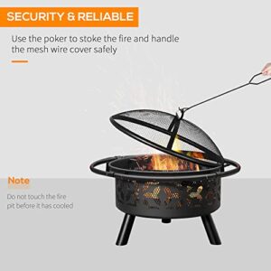 Outsunny 31" Outdoor Fire Pit, Portable Steel Wood Burning Bowl, Handle Ring, Poker, Spark Screen Lid for Patio, Backyard, Bonfire, Campfire, Black