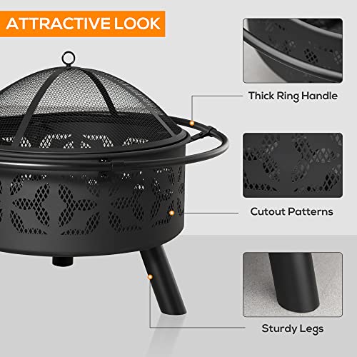 Outsunny 31" Outdoor Fire Pit, Portable Steel Wood Burning Bowl, Handle Ring, Poker, Spark Screen Lid for Patio, Backyard, Bonfire, Campfire, Black