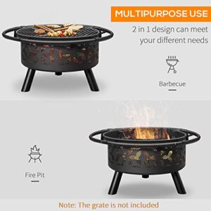 Outsunny 31" Outdoor Fire Pit, Portable Steel Wood Burning Bowl, Handle Ring, Poker, Spark Screen Lid for Patio, Backyard, Bonfire, Campfire, Black