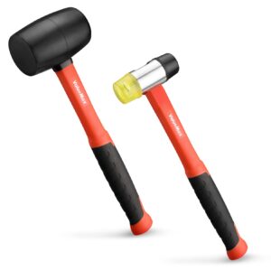 valuemax rubber mallet, 16oz rubber mallet hammer and 35mm double-faced soft mallet, fiberglass handle with soft grip, solid head, 2 piece black mallet set