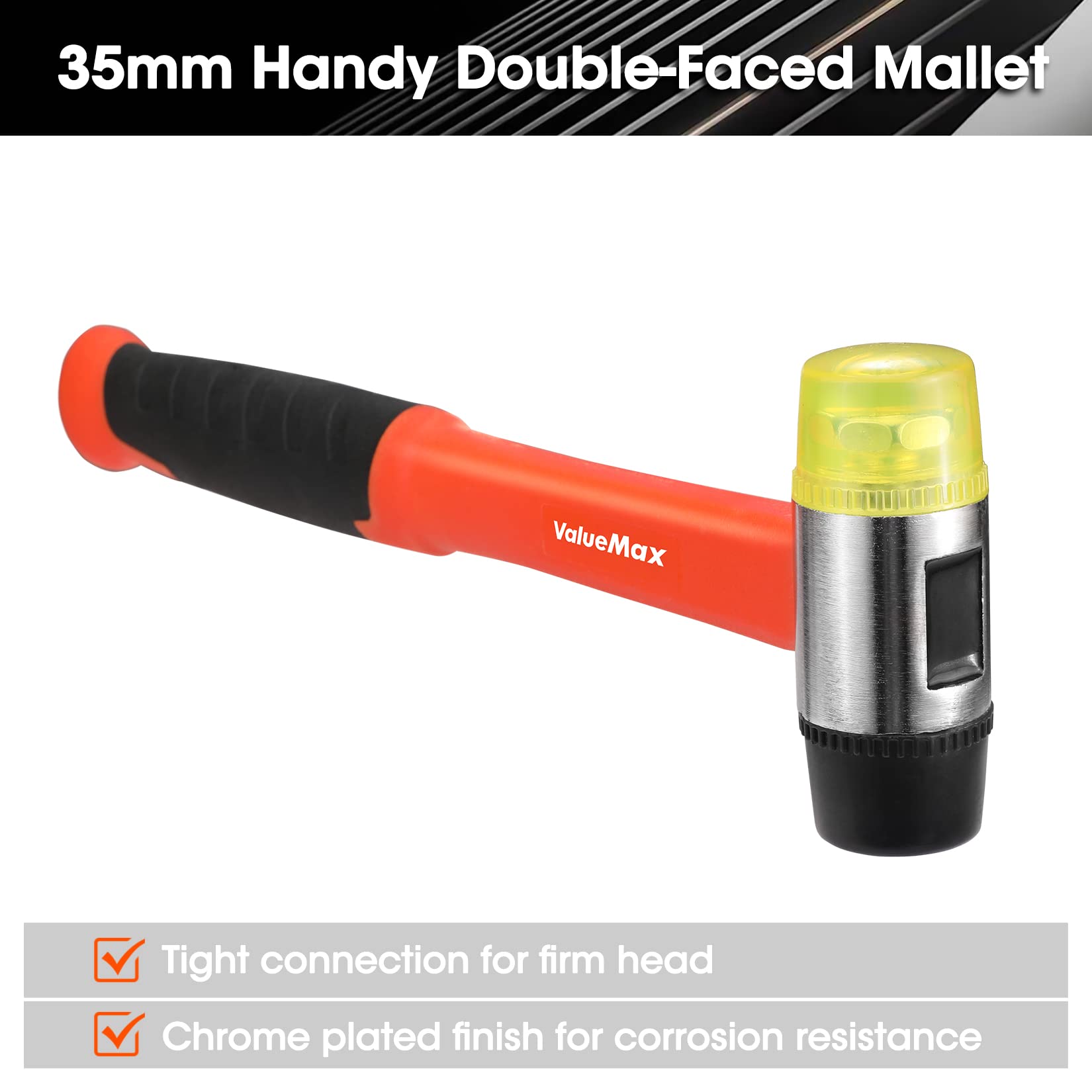 ValueMax Rubber Mallet, 16oz Rubber Mallet Hammer And 35mm Double-Faced Soft Mallet, Fiberglass Handle With Soft Grip, Solid Head, 2 Piece Black Mallet Set